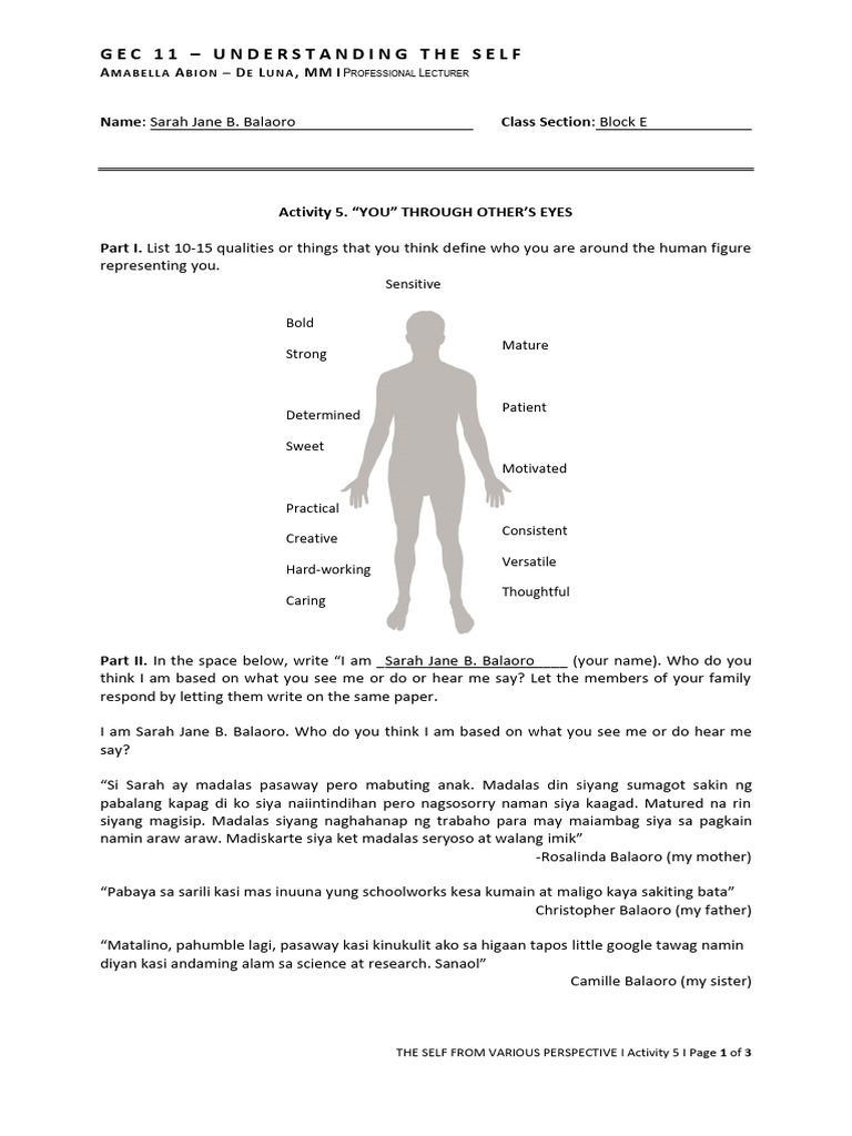 ANSWER in Activity 5 - You Through Other's Eyes | PDF | Psychology | Behavioural Sciences