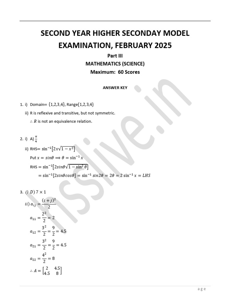 Aurora education-xii-maths-key-remesh-model-2025 | PDF | Mathematical ...