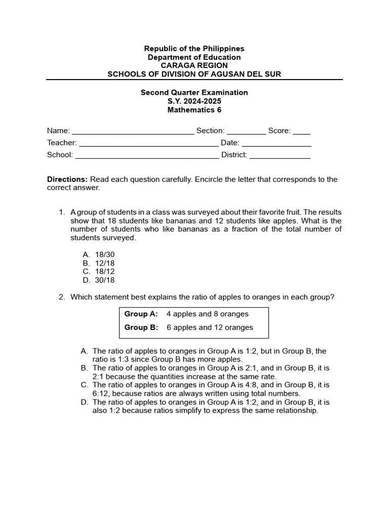 Final Test Questionnaire-Math 6 | PDF | Ratio | Multiplication