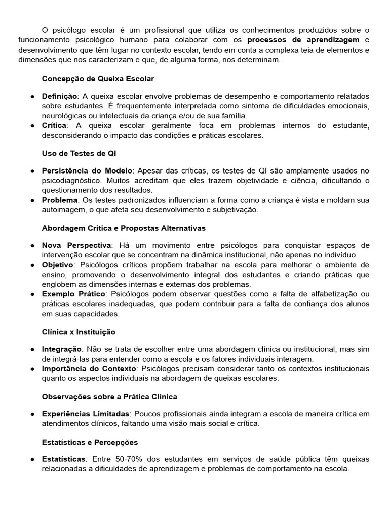 Resumo NP2 - Queixa Escolar | PDF | Psicologia | Aprendizado