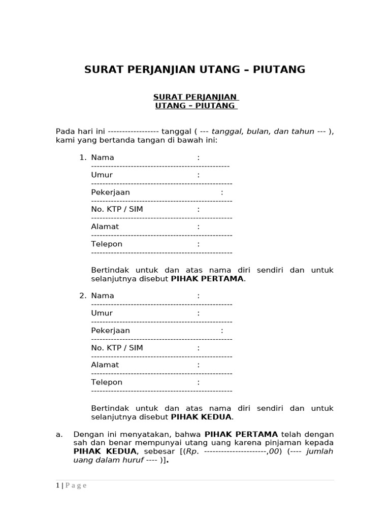 Contoh Surat Perjanjian Utang Piutang | PDF