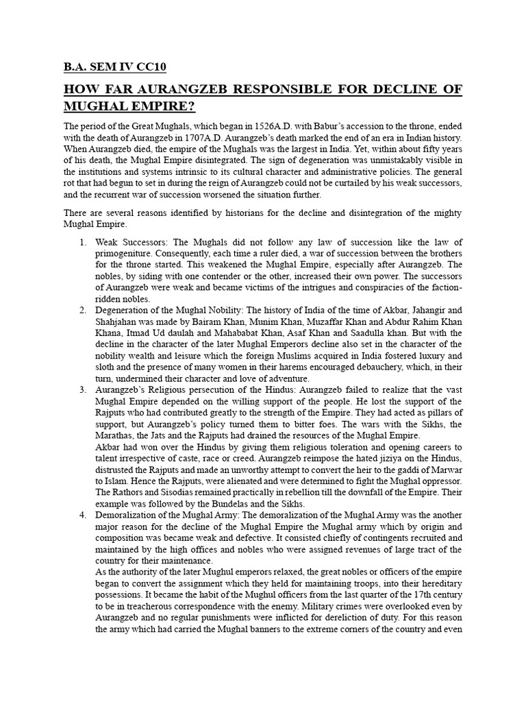 Ba Sem IV Cc10 Aurangzebs Role in Mughal Decline Eng | PDF | Mughal Empire