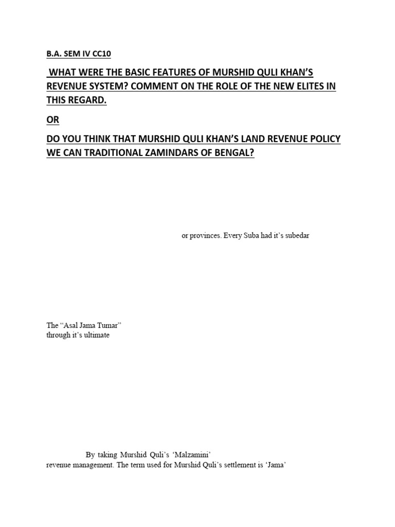 Ba Sem IV Cc10 Revenue System of Murshid Quli | PDF | Mughal Empire