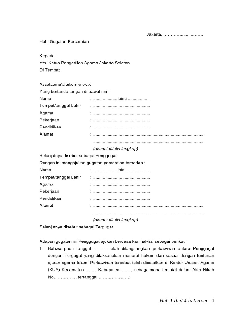 Contoh Form Surat Gugatan Cerai | PDF