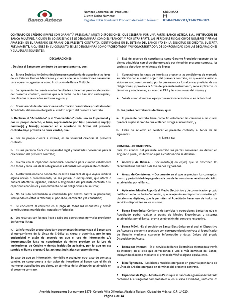 Contrato de Crédito Credimax Banco Azteca | PDF | Bancos | Tarjeta de ...