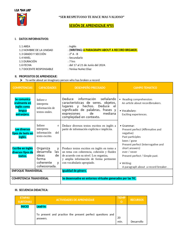 Sesion de Aprendizaje 05 Bim Ii Segundo Sec Inglés 2024 | PDF | Linguistic Morphology | Languages