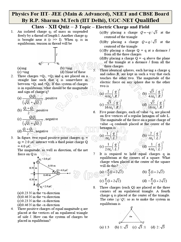 Class - XII Quiz - 3 Topic - Electric Charge and Field | PDF ...