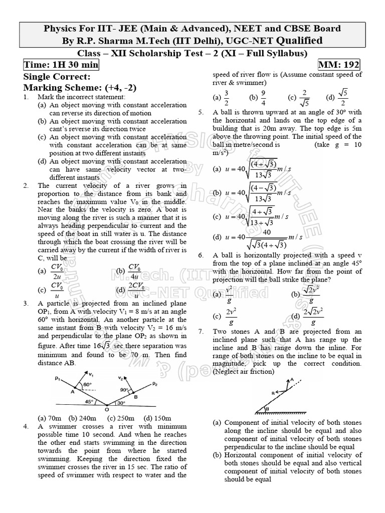 IIT-JEE & NEET Physics Class XII Test | PDF | Force | Acceleration