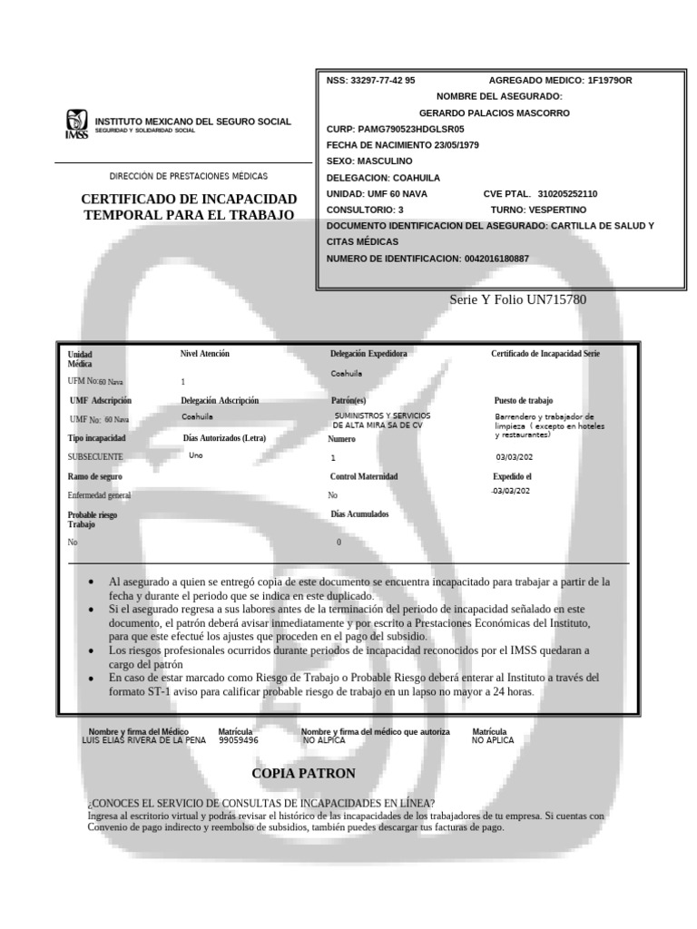 Certificado de Incapacidad IMSS Oaxaca | PDF