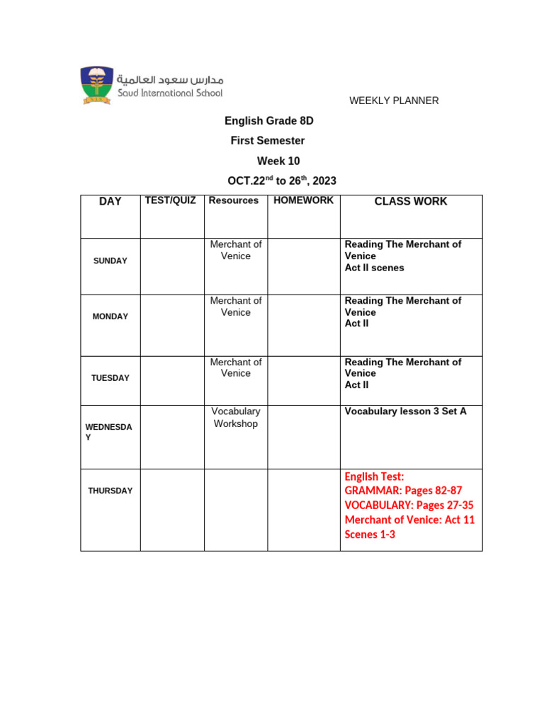 WEEKLY PLANNER sem 1 week 10 grade 8D | PDF