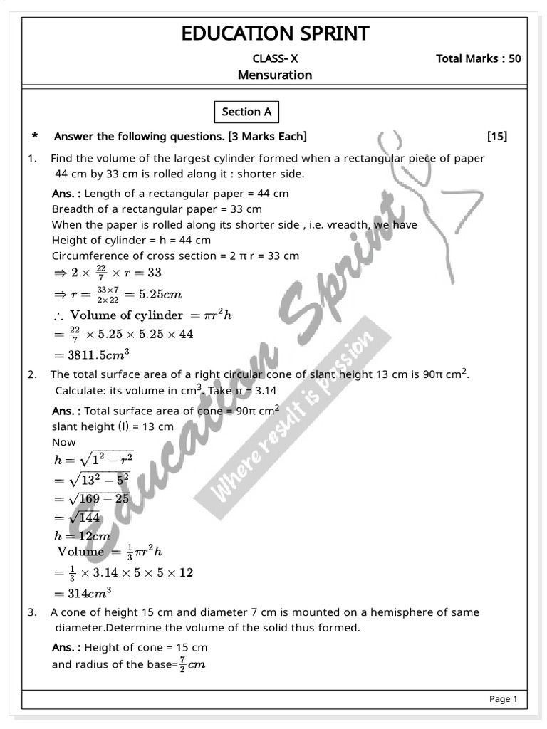 Mensuration Mock Test - Solution | PDF | Area | Sphere