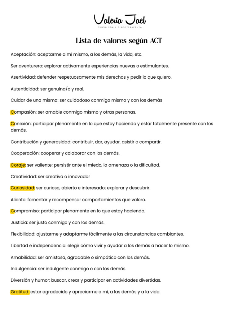 Valores según ACT: Lista Esencial | PDF