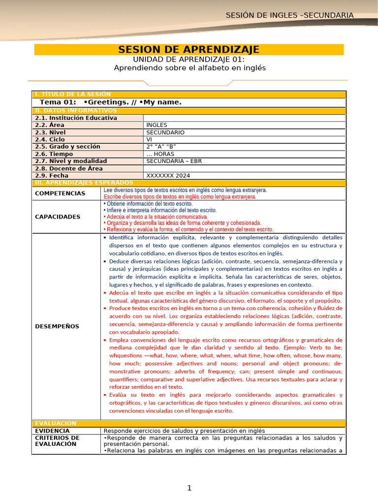 2 Sec. Sesion Actv 01 Ingles 2024 | PDF | Enseñando | Aprendizaje