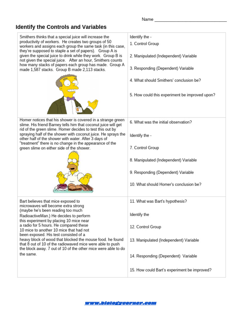 Simpsons Controls and Variables Worksheet | PDF | Experiment | The ...