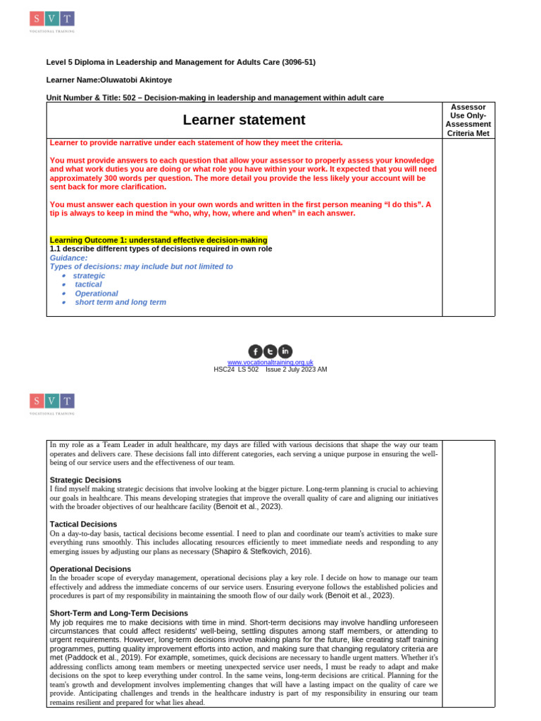 502 Learner Statement With Guidance Oluwatobi-1 | PDF | Decision Making ...