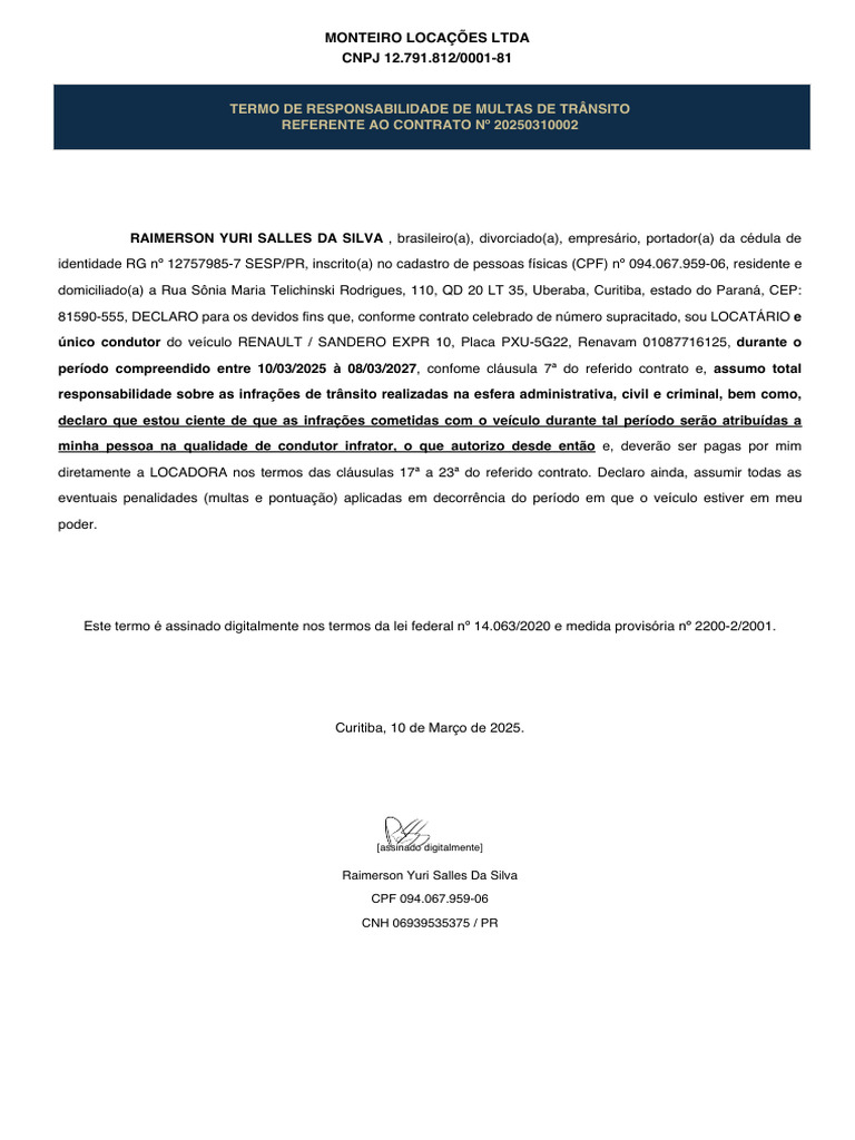 Termo de Responsabilidade de Multas | PDF | Aluguel | Tráfego