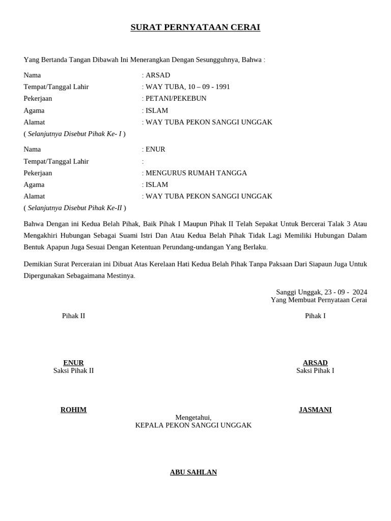 Surat Pernyataan Cerai | PDF