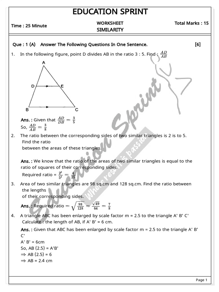 SIMILARITY Worksheet - Solution | PDF | Triangle | Area
