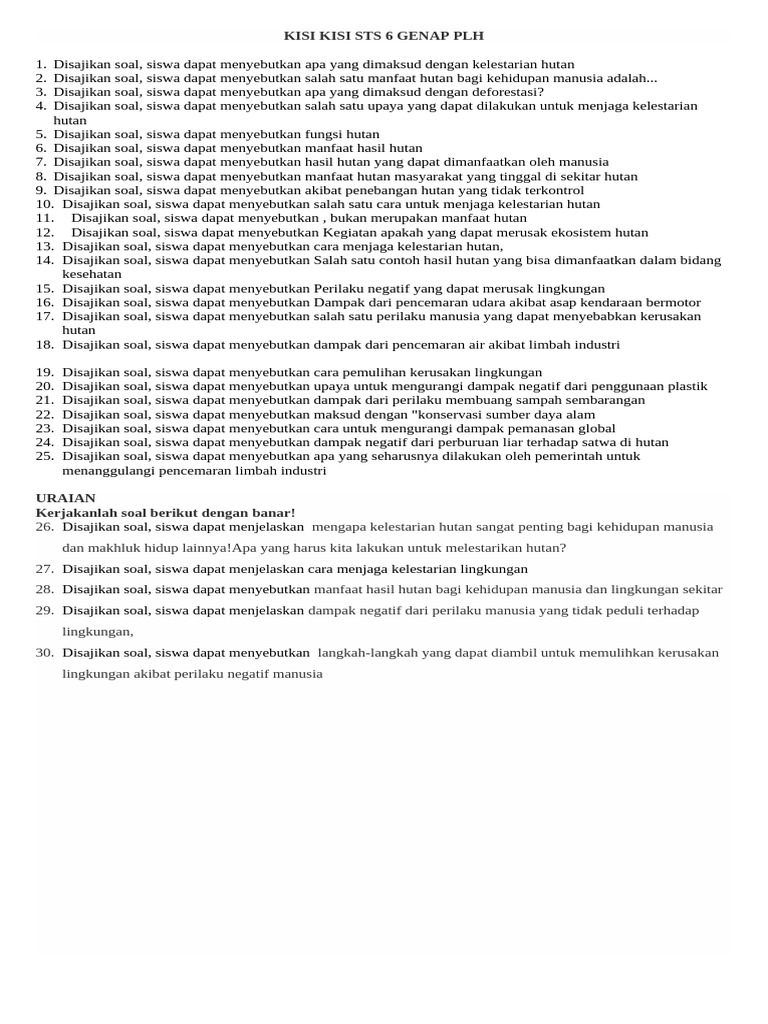 STS 6 SEM 2 PLH - KISI KISI | PDF