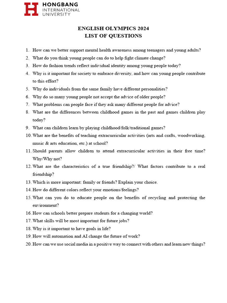 2024 English Olympics Question List | PDF