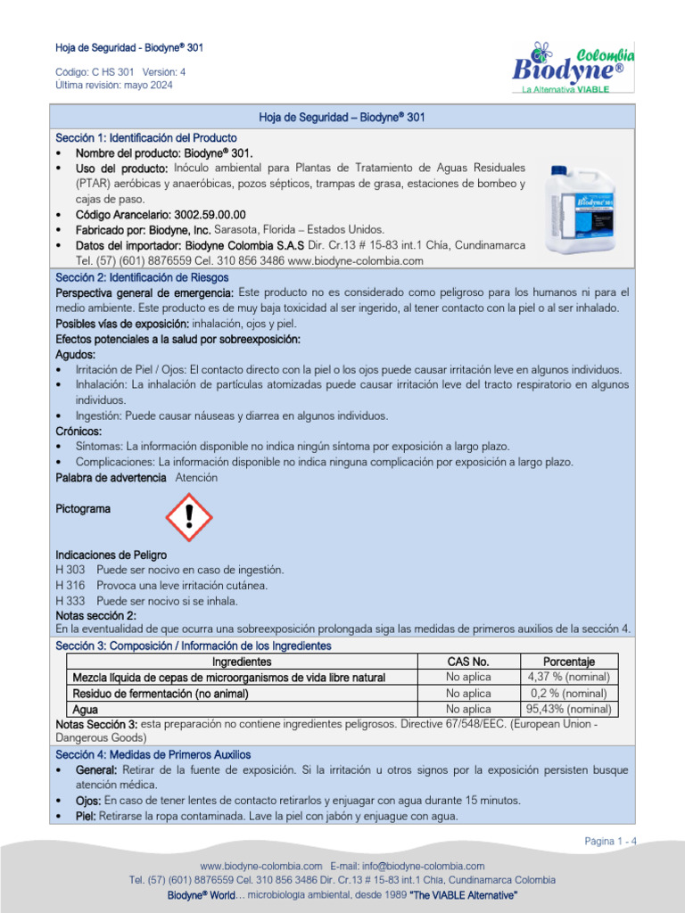 FDS Biodyne 301 2024 | PDF | Residuos | Agua