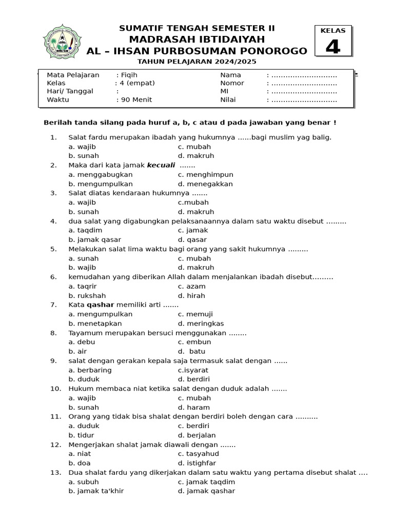 Soal Fiqih Kls 4 PTS II 2025 sdh | PDF