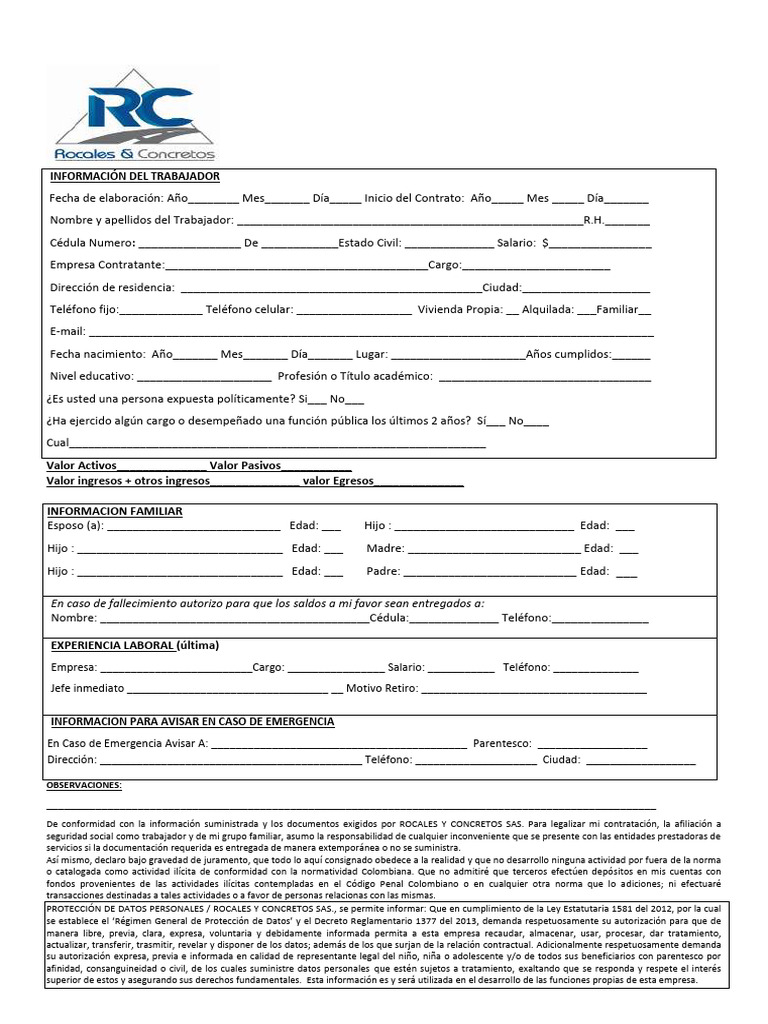 Formulario Conocimiento Empleados RYC (1) | PDF