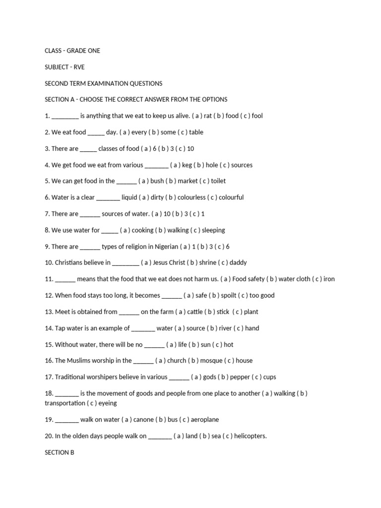 Grade One RVE Second Term Exam Questions | PDF