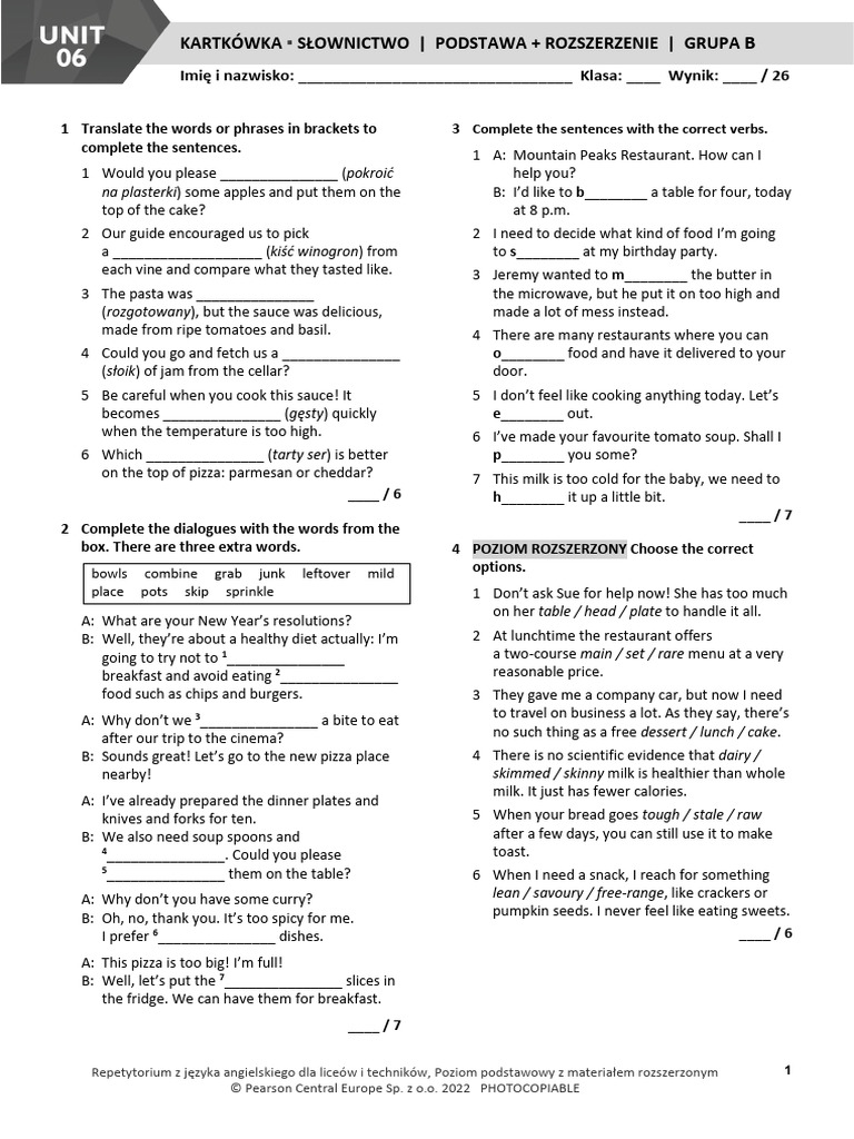 RepetMat U06 Kartk Slow Podst Rozsz B | PDF | Lunch | Cooking