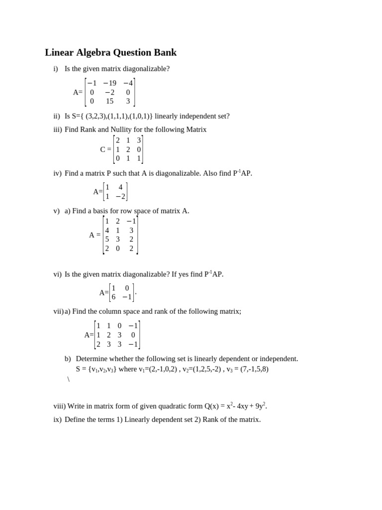 Linear Algebra Question Bank Sem II | PDF | Matrix (Mathematics) | Mathematical Concepts