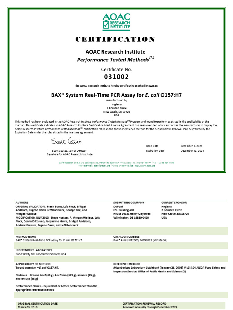 AOAC RI 031002 BAX System Real-Time PCR Assay For E. Coli O157H7 RT-PCR ...