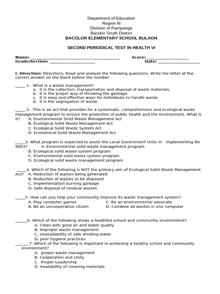 Health VI Periodical Test on Waste Management | PDF | Waste | Waste ...