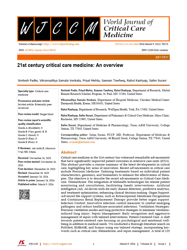 Advances in 21st Century Critical Care | PDF | Sepsis | Intensive Care ...
