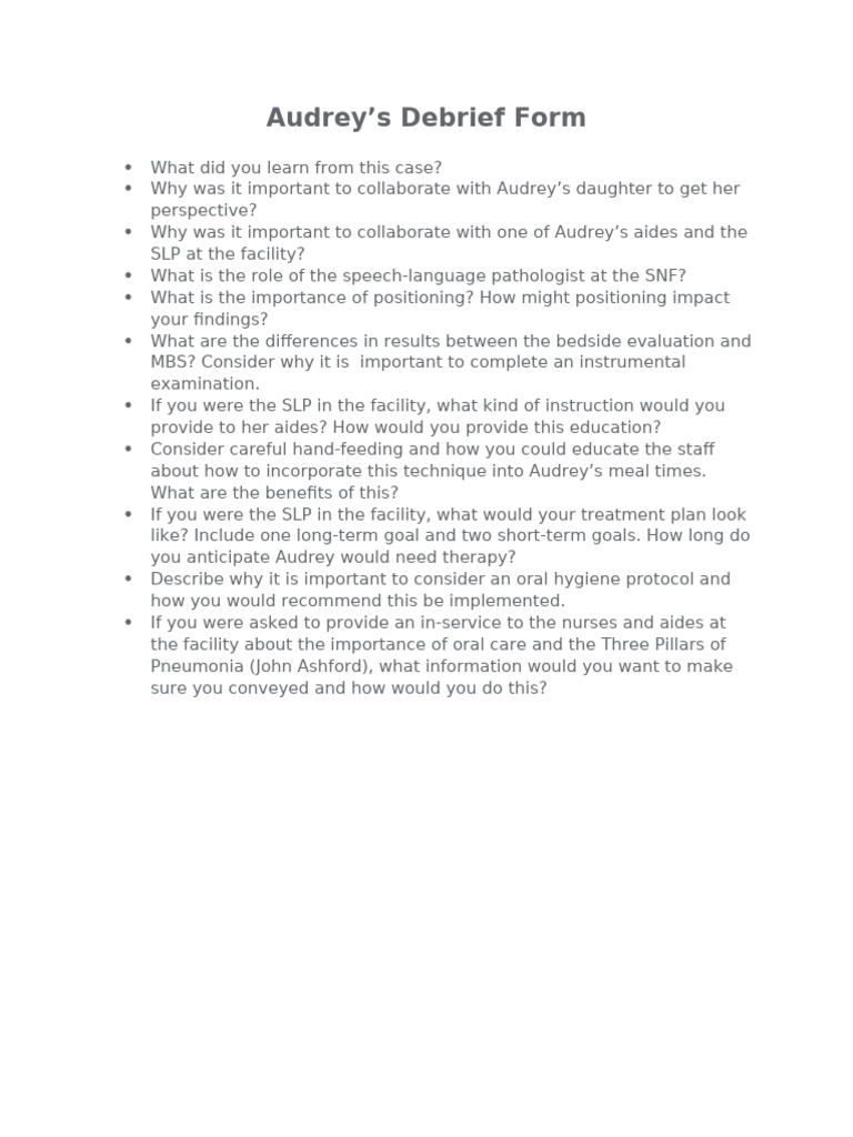 Audrey's Speech Therapy Debrief Guide | PDF