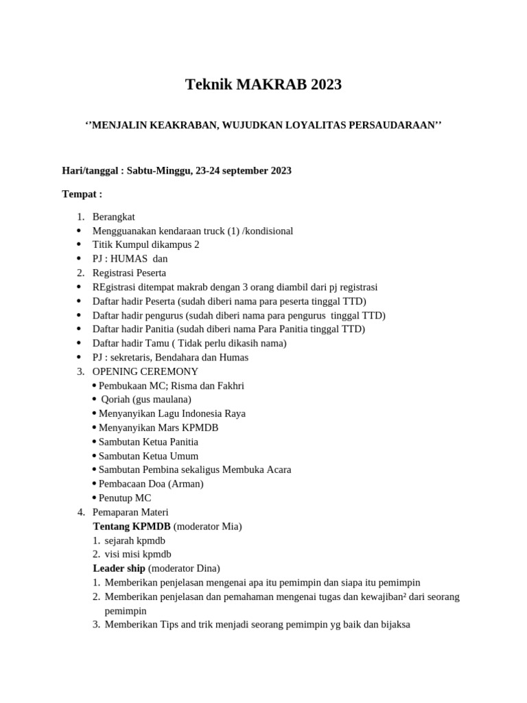 Susunan Acara MAKRAB KPMDB 2023 (Sementara) | PDF