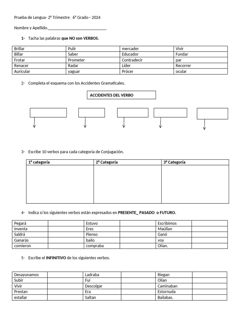 Verbos - Prueba 6 Grado | PDF | Verbo | Lingüística