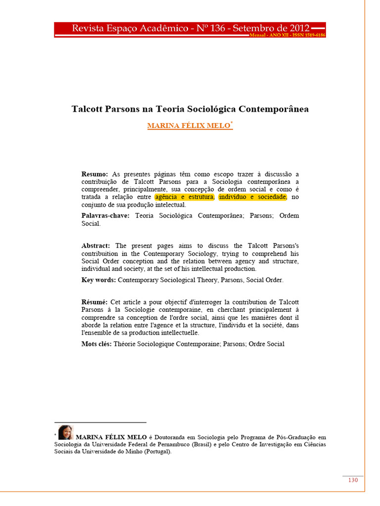 Talcott Parsons Na Teoria Sociologica Contemporane | PDF | Sociologia | Science