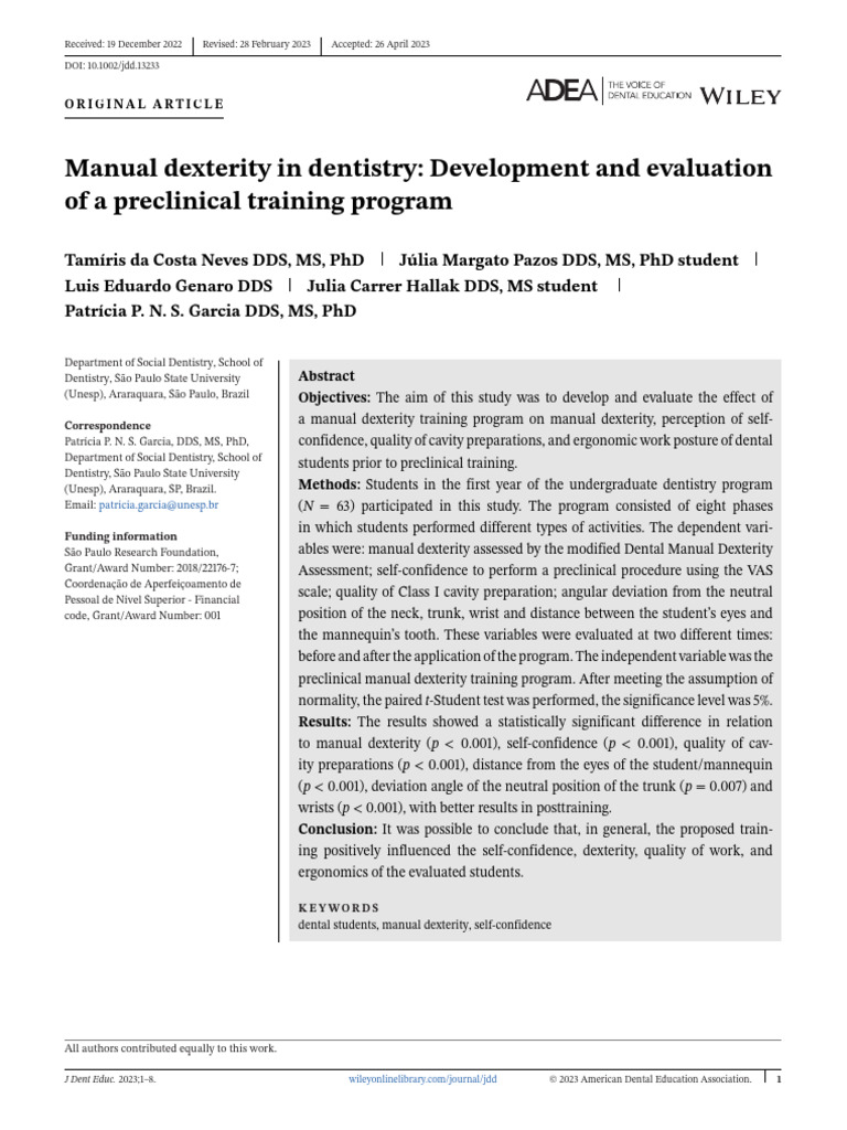 Manual Dexterity Training in Dentistry | PDF | Dentistry | Dental Degree