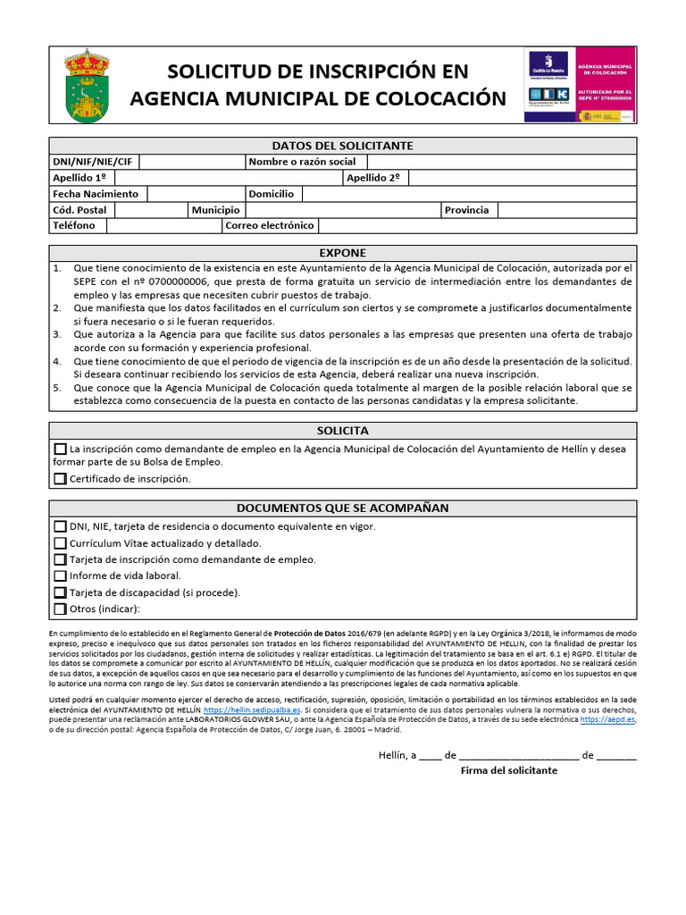 Solicitud de Inscripción en Bolsa de Empleo | PDF