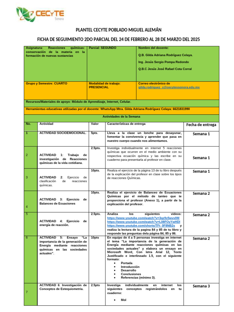 Ficha de Seguimiento - 2P - Reacciones Quimicas - Gilda - Adriana - Rodriguez - Celaya | PDF ...