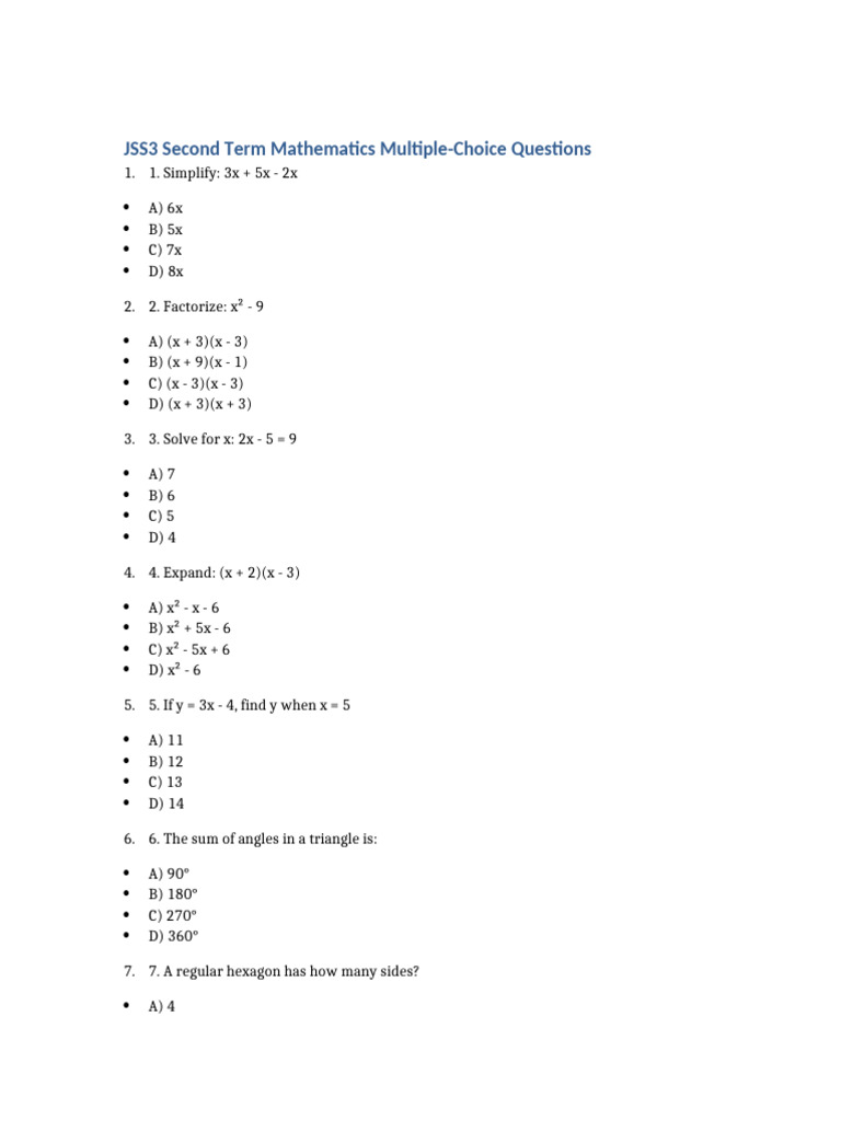JSS3 Math Questions | PDF