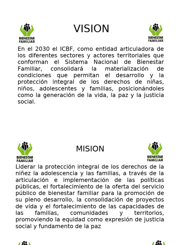Mision, Vision, Objetivos de Icbf y Eas Chav | PDF | Planificación | Educación de la primera ...
