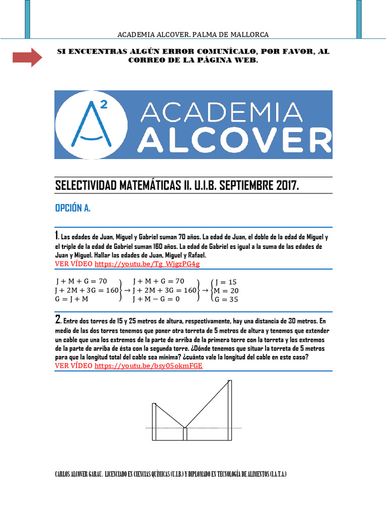 Selectividad Matematicas II Uib Septiembre 2017 Con Videos | PDF ...