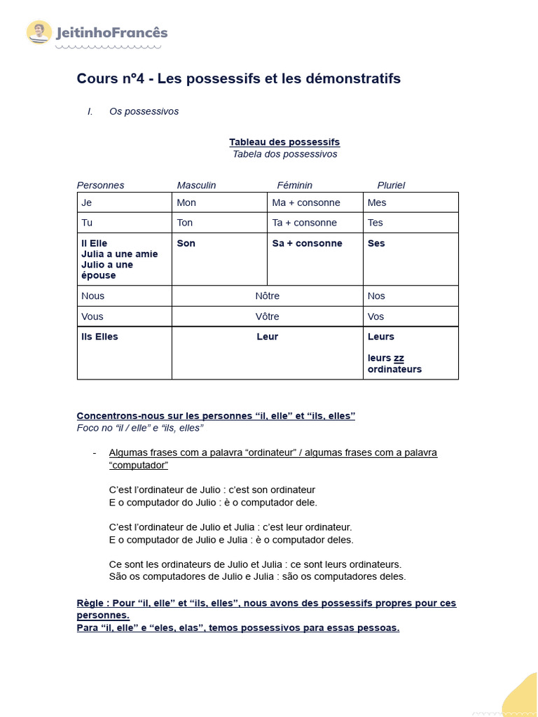 Cours n4 Les Possessifs Et Les Demonstratifs | PDF | Genre grammatical ...