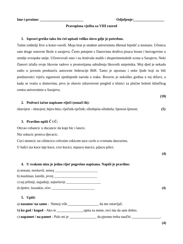 Pravopisna Vježba Za VIII Razred | PDF