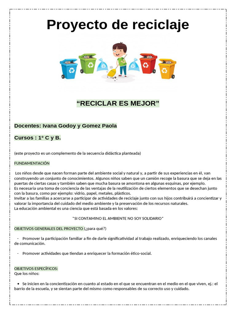 Proyecto De Reciclaje 1ro Pdf Residuos Reciclaje