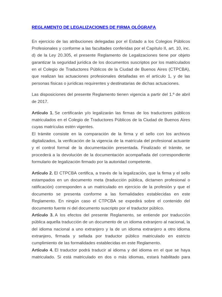 Reglamento de Firma Ológrafa Profesional | PDF | Traducciones | Regulación