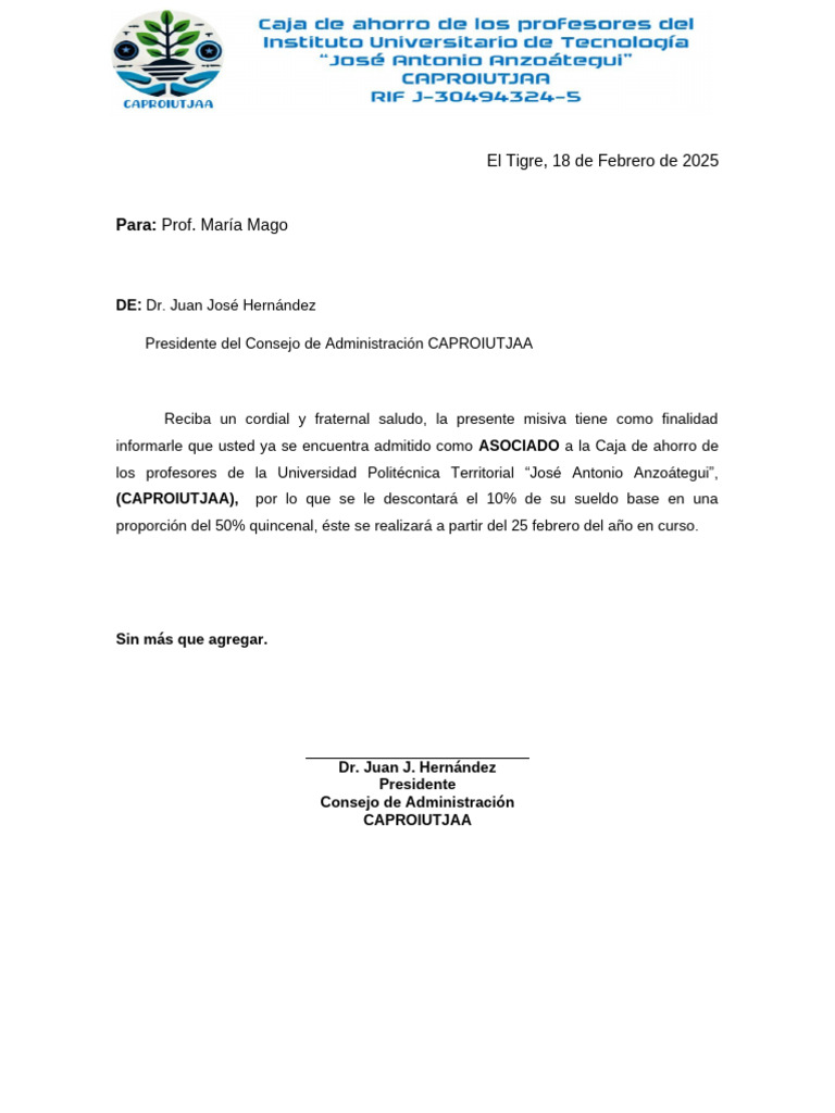 Carta de Admitido Del Nuevo Asociado Maria Mago | PDF