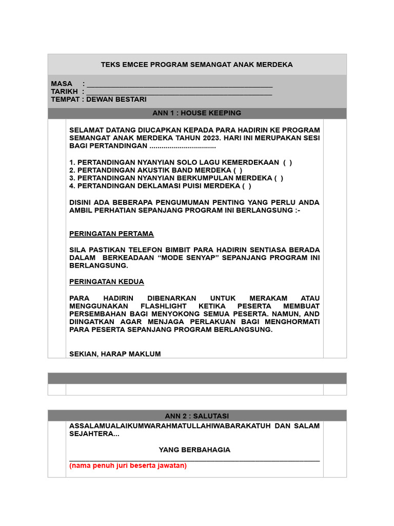Template Teks Emcee Pertandingan Semangat Anak Merdeka | PDF