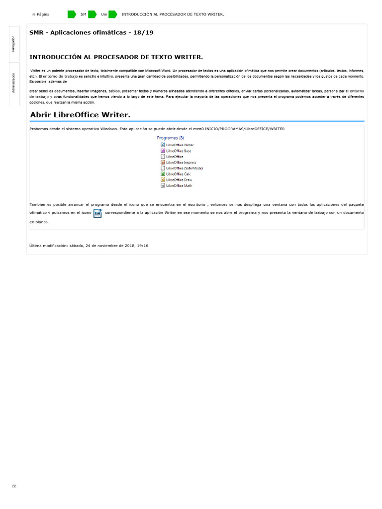 SMR - Ao - 18 - 19 - Introducción Al Procesador de Texto Writer | PDF